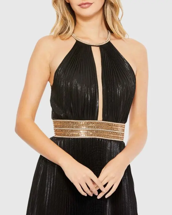 Mac Duggal Pleated Embellished Halter Gown With Open Back