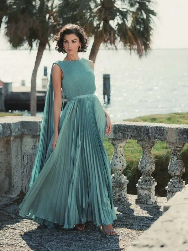 Mac Duggal Pleated Cape Back Gown - Sage