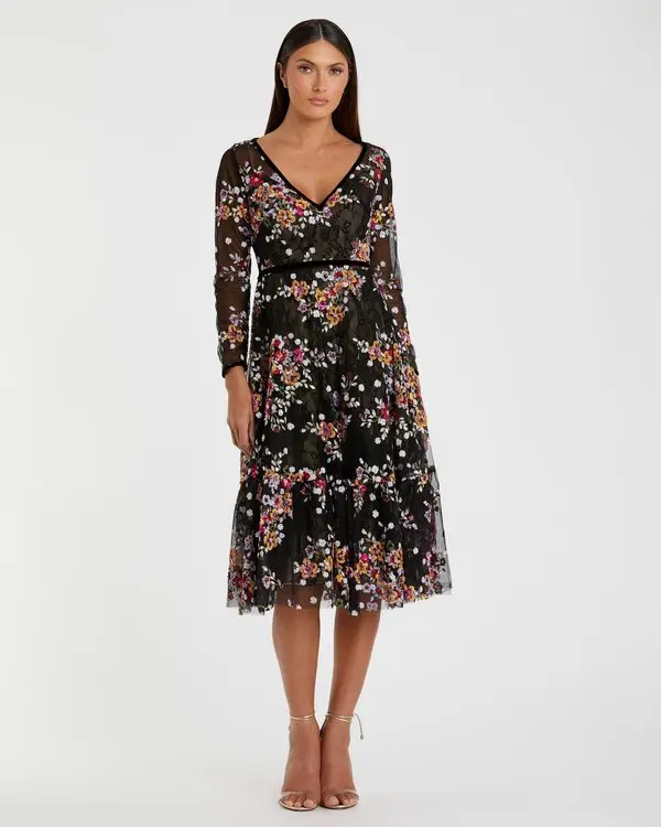 Mac Duggal Floral Embroidered Tea-length Cocktail Dress - Black Multi