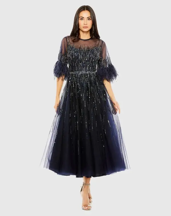 Mac Duggal Women's High Neck A-Line Tea-Length Dress - Blue - Size 16 - Navy