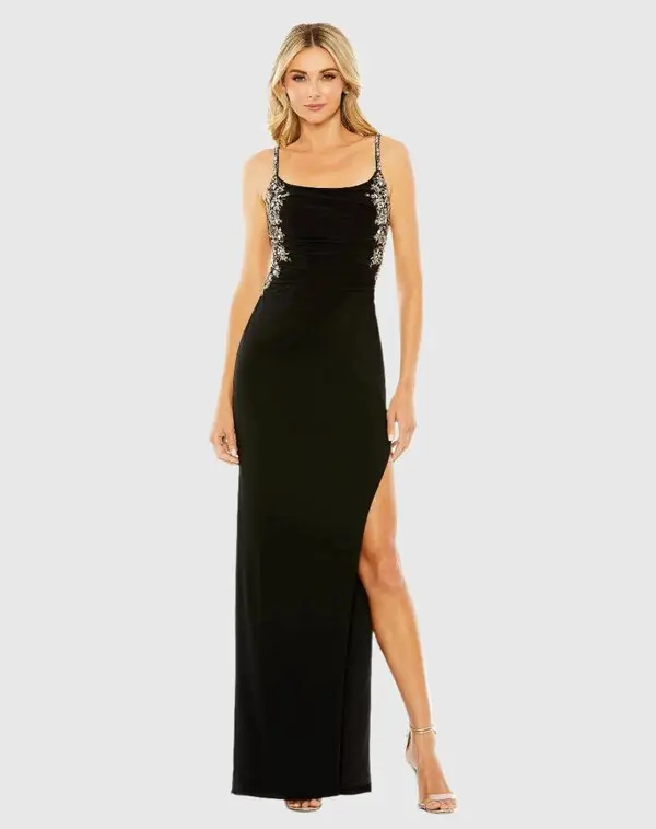 Mac Duggal Embellished Ruched Open Back Column Gown