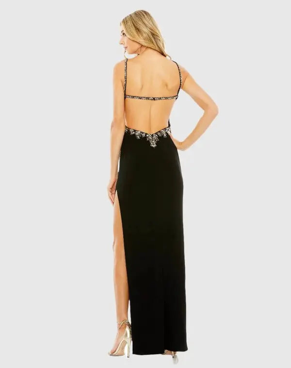 Mac Duggal Embellished Ruched Open Back Column Gown