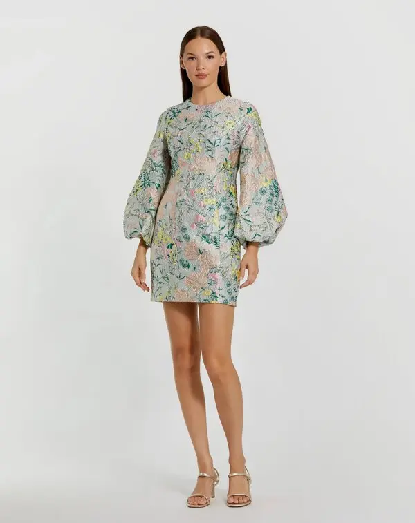 Mac Duggal Floral Brocade Puff Sleeve Fitted Mini Dress - Pastel Multi