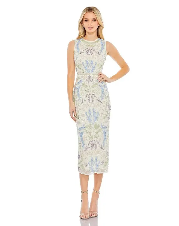 Mac Duggal Sleeveless Sequin High Neck Midi Sheath Dress