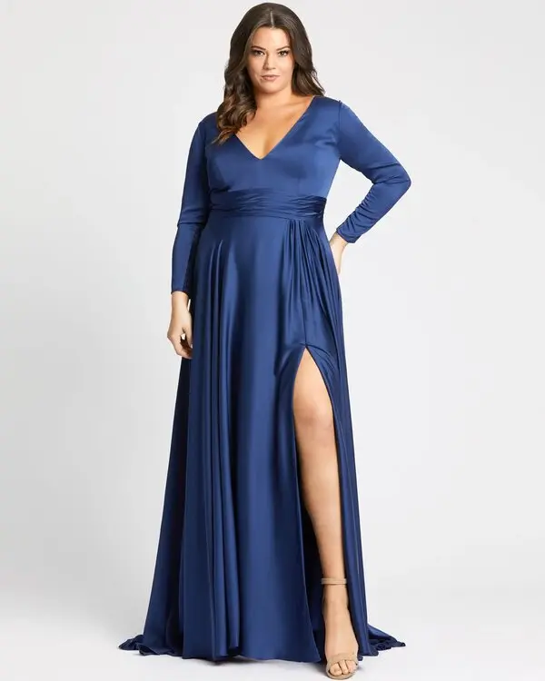 Mac Duggal Satin Long Sleeve Evening Gown