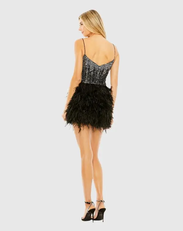 Mac Duggal Sequin Bodice Feather Mini Dress