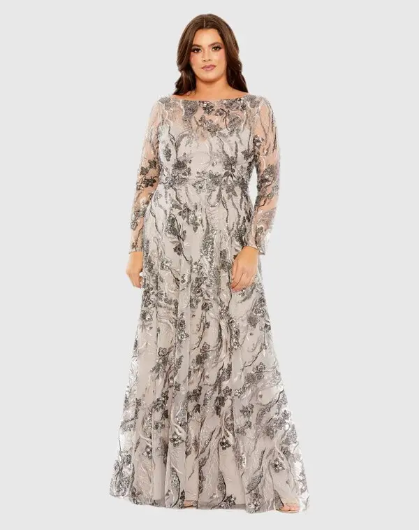 Mac Duggal Embroidered A-line Gown With Long Sleeves - Taupe