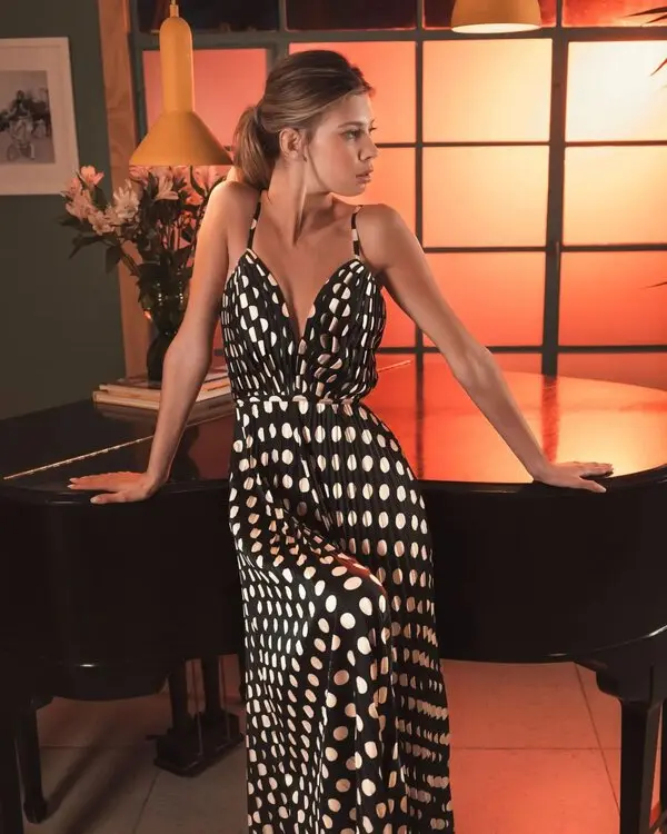 Mac Duggal Pleated Charmeuse Polka Dot Jumpsuit
