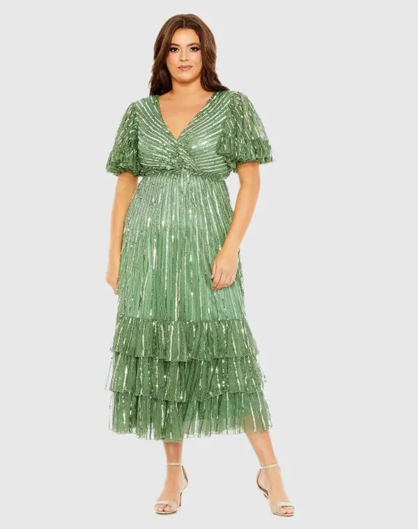 Mac Duggal Sequin Faux Wrap Ruffle Dress - Sage