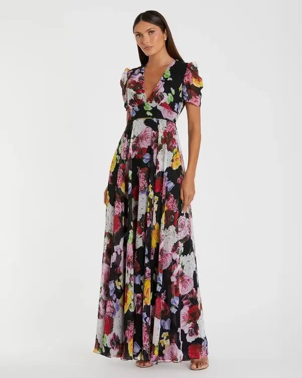 Mac Duggal Floral-printed Mesh Gown With Short Sleeves - Black Multi