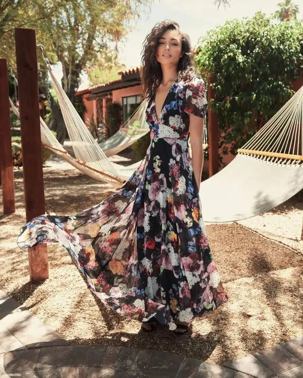 Mac Duggal Floral-printed Mesh Gown With Short Sleeves