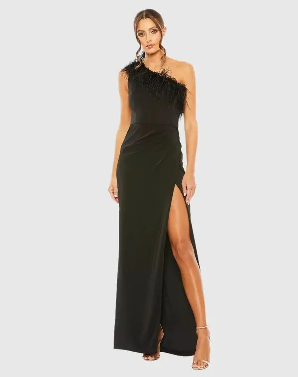 Mac Duggal One-shoulder Feather Trim Gown