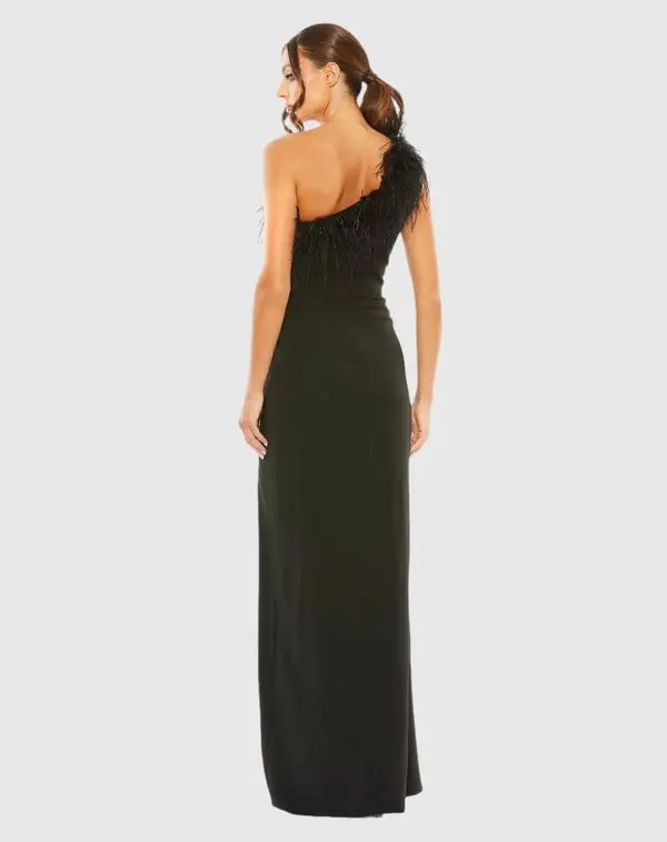 Mac Duggal One-shoulder Feather Trim Gown