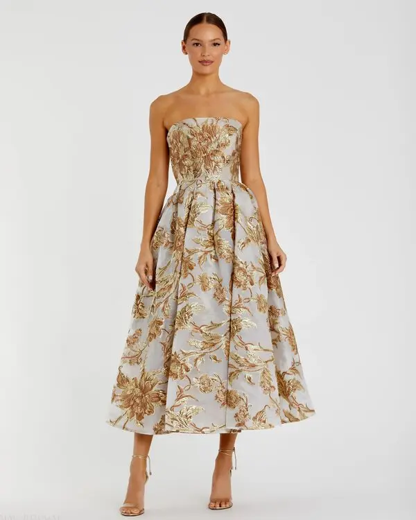 Mac Duggal Strapless Brocade Floral Print Midi Dress With Pockets - Multicolor