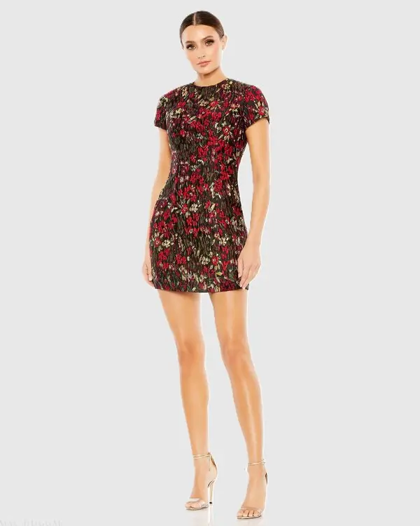 Mac Duggal Floral Brocade Cap Sleeve Mini Dress