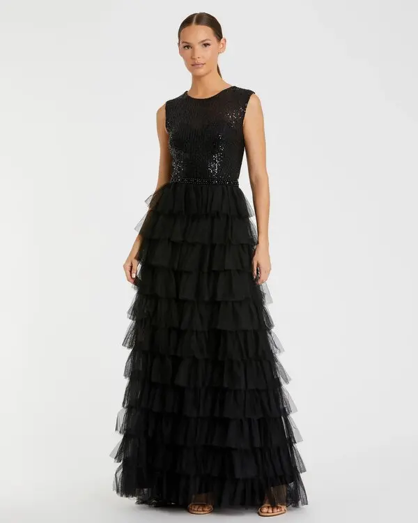 Mac Duggal Ruffle Tiered Sequin Gown