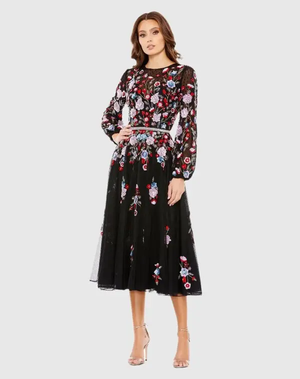 Mac Duggal Sequin Floral High Neck Cocktail Dress - Black Multi
