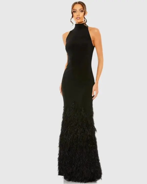 MAC DUGGAL COLLECTION Halter Neck Jersey Gown With Feather Hem