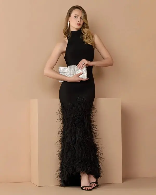 MAC DUGGAL COLLECTION Halter Neck Jersey Gown With Feather Hem