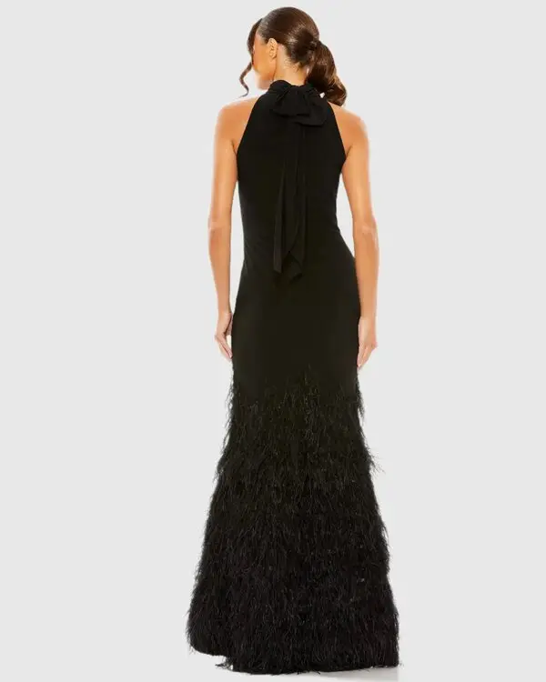 MAC DUGGAL COLLECTION Halter Neck Jersey Gown With Feather Hem