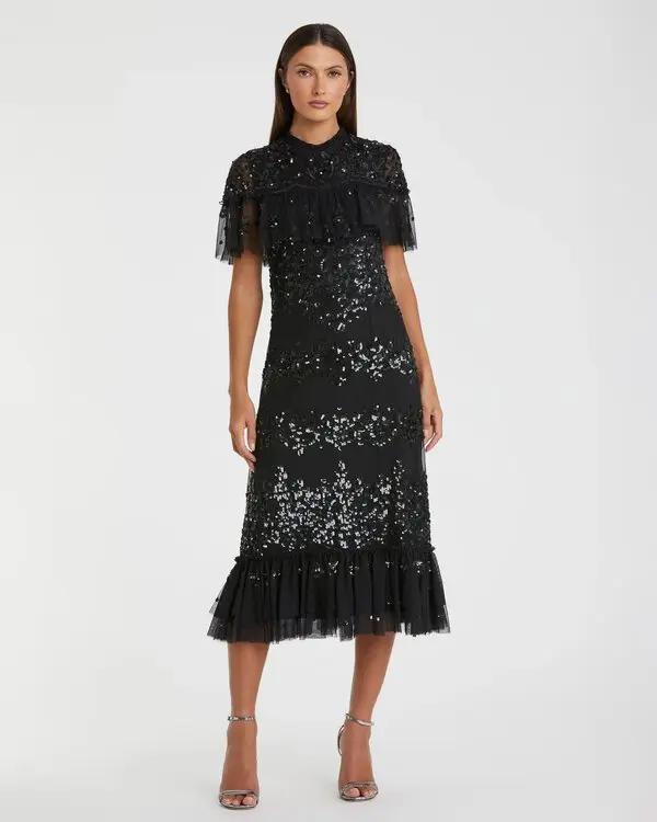 Mac Duggal Sequined High Neck Ruffled Midi Dress