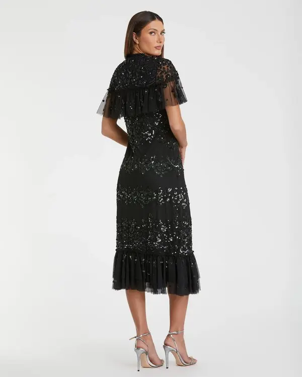 Mac Duggal Sequined High Neck Ruffled Midi Dress