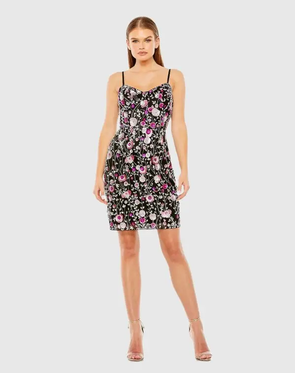 Mac Duggal Slim Strap Floral Beaded Mini Dress