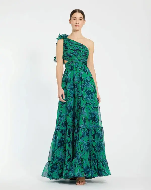 Mac Duggal Floral-printed Chiffon One-shoulder Gown - Black Multi