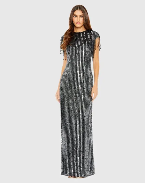 Mac Duggal Sequin Embellished Gown With Fringe Detail