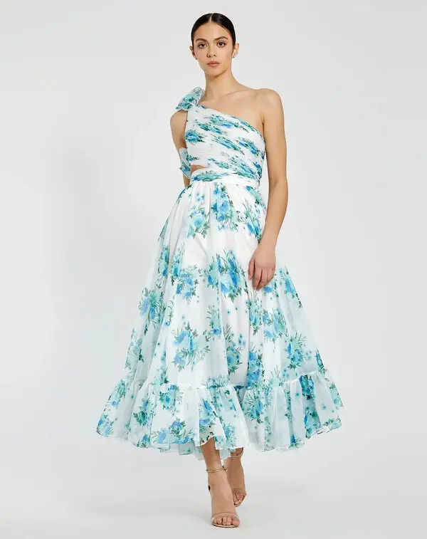 Mac Duggal Floral-printed Chiffon One Shoulder Midi Dress