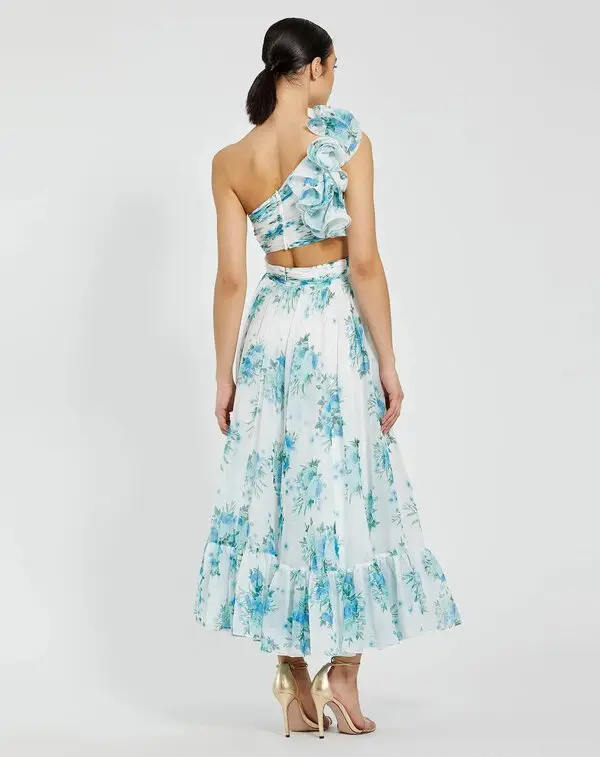 Mac Duggal Floral-printed Chiffon One Shoulder Midi Dress