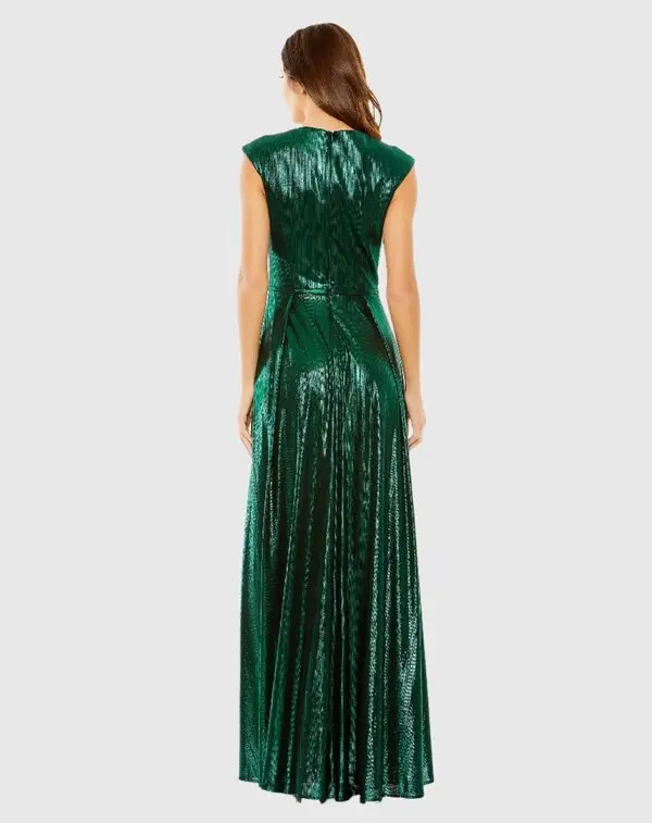 Mac Duggal Metallic Jersey Gown With V-neck And Slit