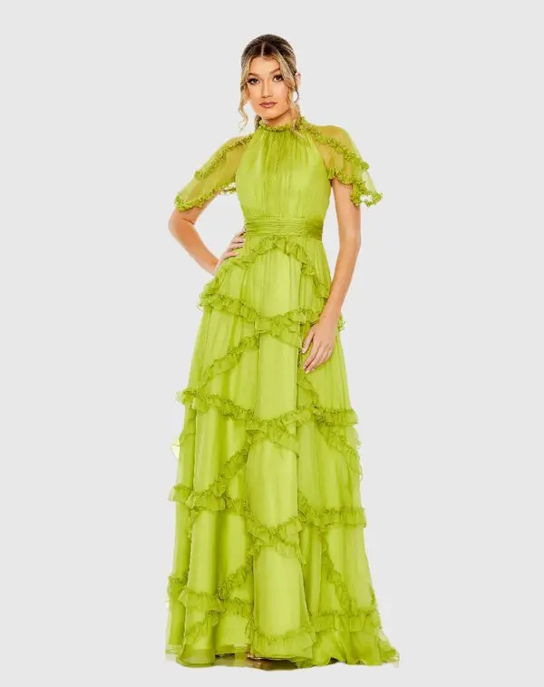 Mac Duggal Chiffon Flutter Sleeve Gown - Apple Green