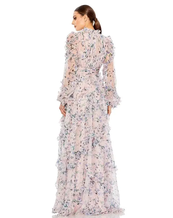 mac duggal floral print chiffon puff sleeve tiered hem dress Puff Sleeve Floral Printed Dress