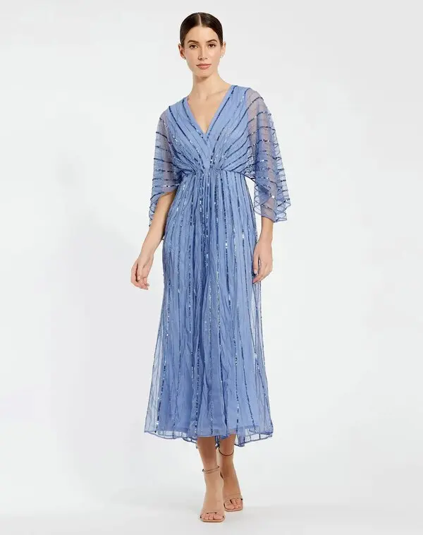 Mac Duggal Beaded Kimono V-neck Empire Midi Dress