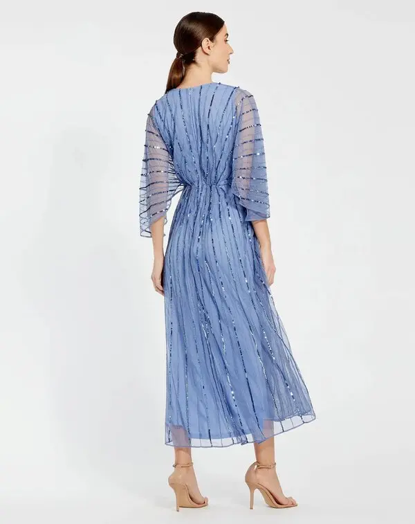 Mac Duggal Beaded Kimono V-neck Empire Midi Dress