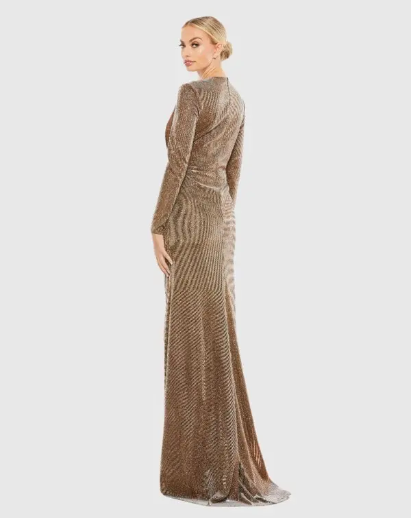 Mac Duggal Metallic Long Sleeve Front Twist Gown - Bronze