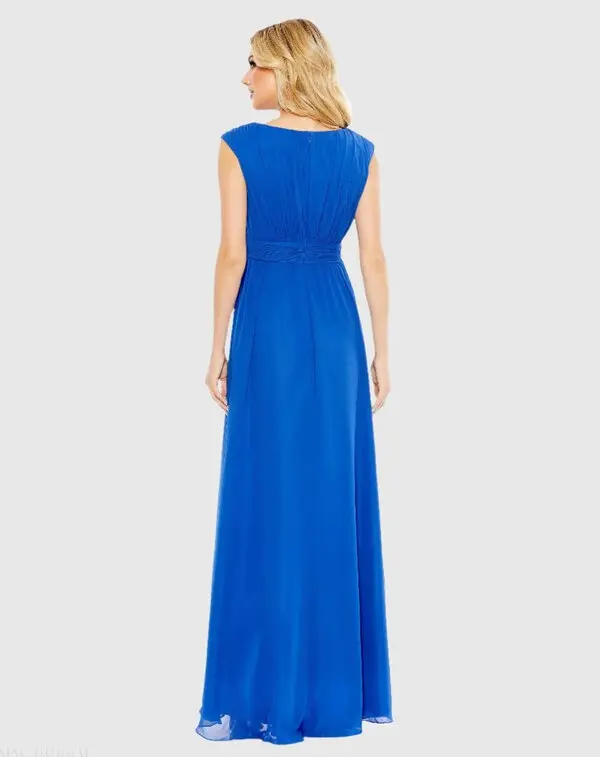 Mac Duggal Pleated Bateau Cap Sleeve A-line Gown