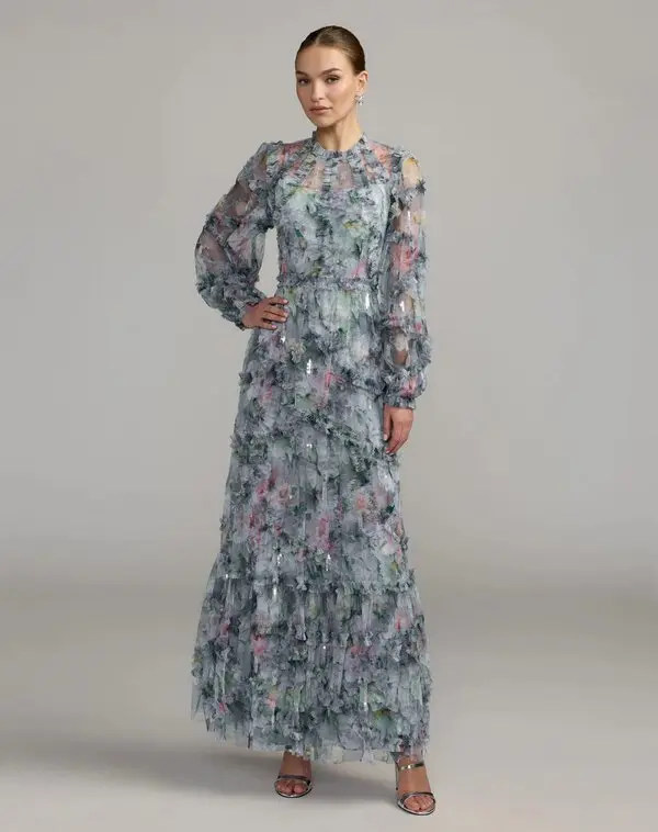 Mac Duggal Floral-printed Chiffon Maxi Gown - Platinum Multi