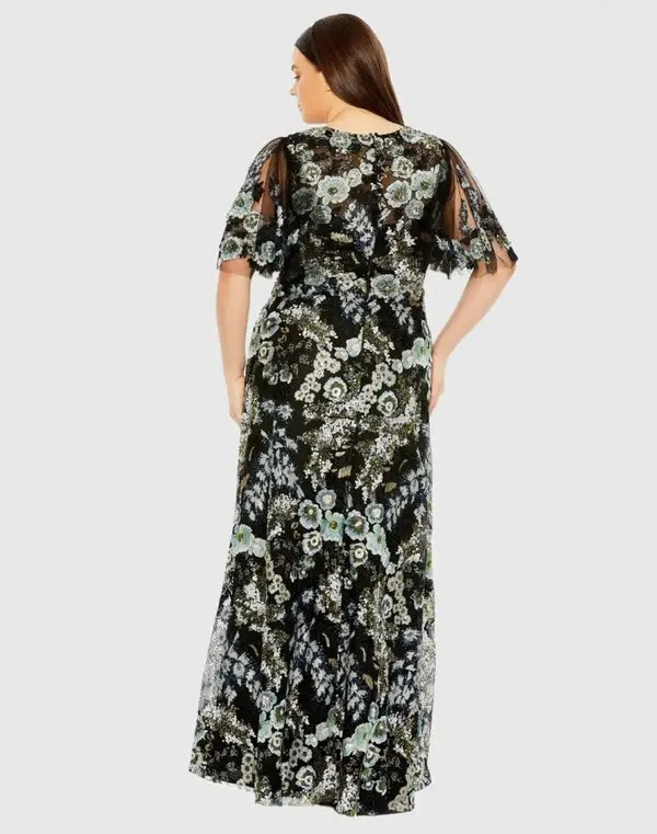 Mac Duggal Sheer Sleeve V-neck Floral Embroidered Gown
