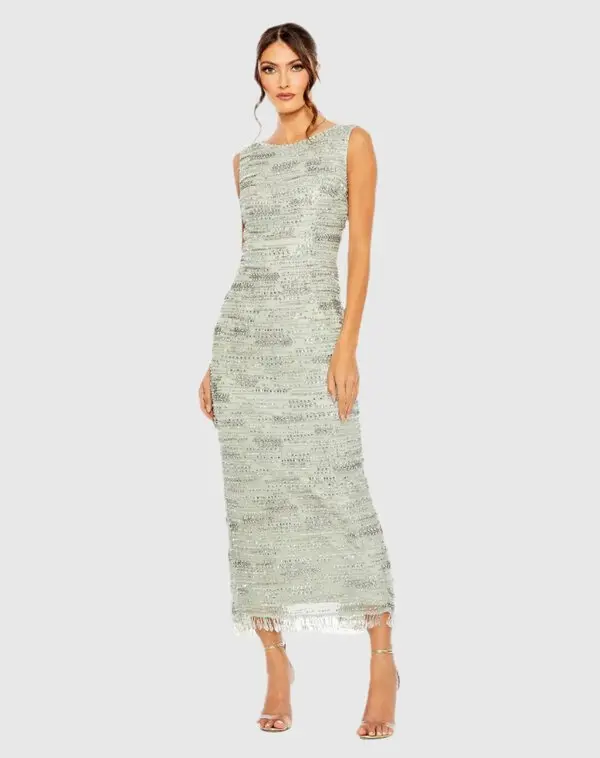 Mac Duggal Sleeveless Embellished Column Dress With Fringe Hem - Green