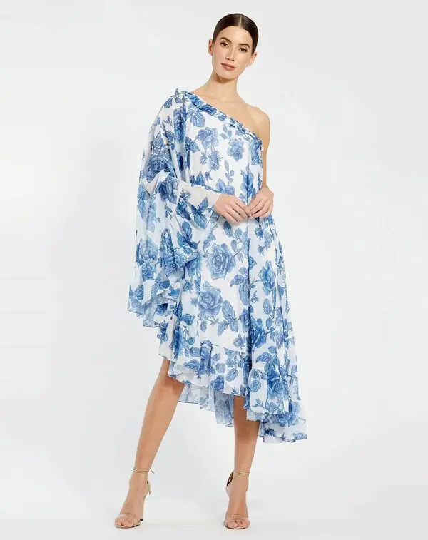 Mac Duggal Floral-printed Chiffon One-shoulder Dress - White Multi