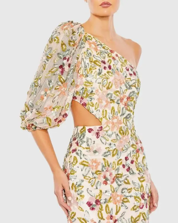 Mac Duggal Floral Embellished One-shoulder Gown