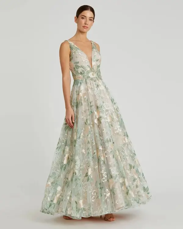 Mac Duggal Floral Embroidered Illusion V-neck Gown