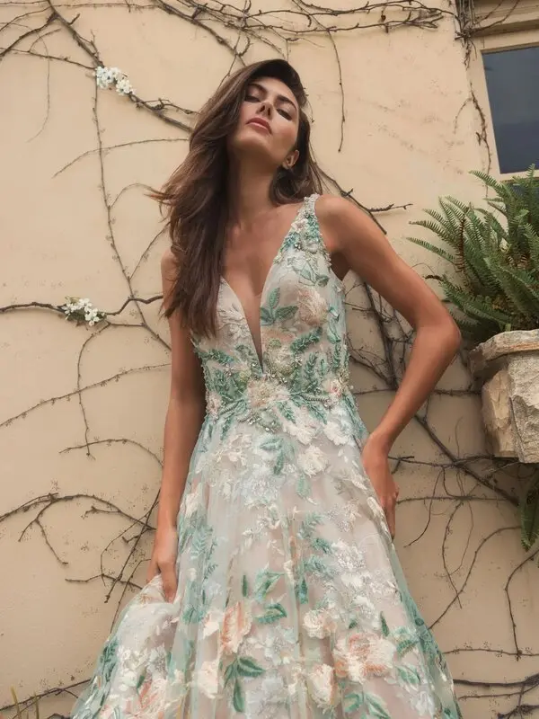 Mac Duggal Floral Embroidered Illusion V-neck Gown
