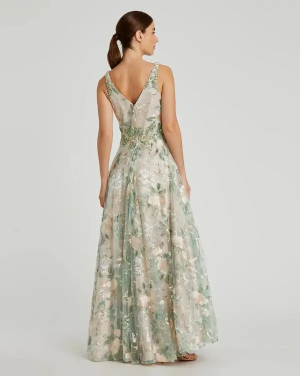 Mac Duggal Floral Embroidered Illusion V-neck Gown