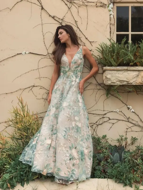 Mac Duggal Floral Embroidered Illusion V-neck Gown