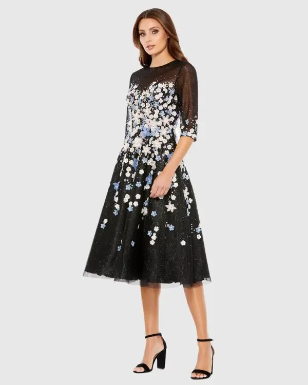 Mac Duggal Floral Embroidered A-line Tea-length Cocktail Dress