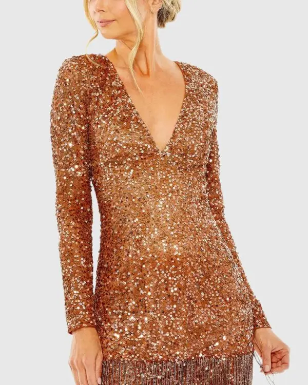 V Neck Long Sleeve Sequin Dress with Fringe Detail - Mac Duggal Copper / US 4