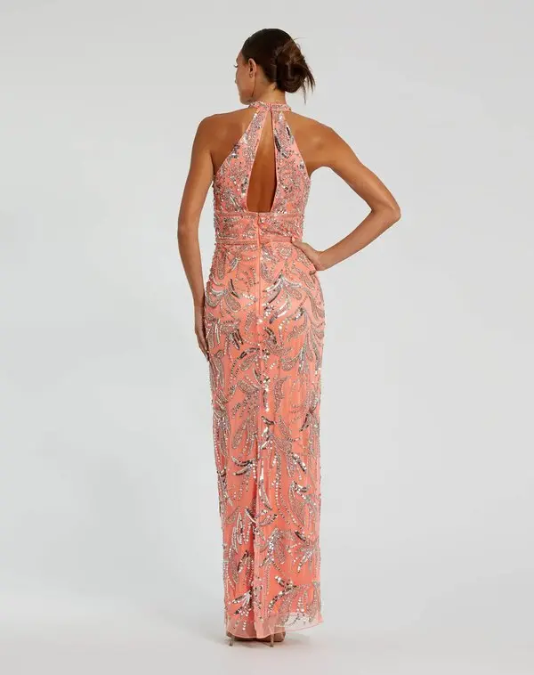 Mac Duggal Embellished High Neck Gown With Slit